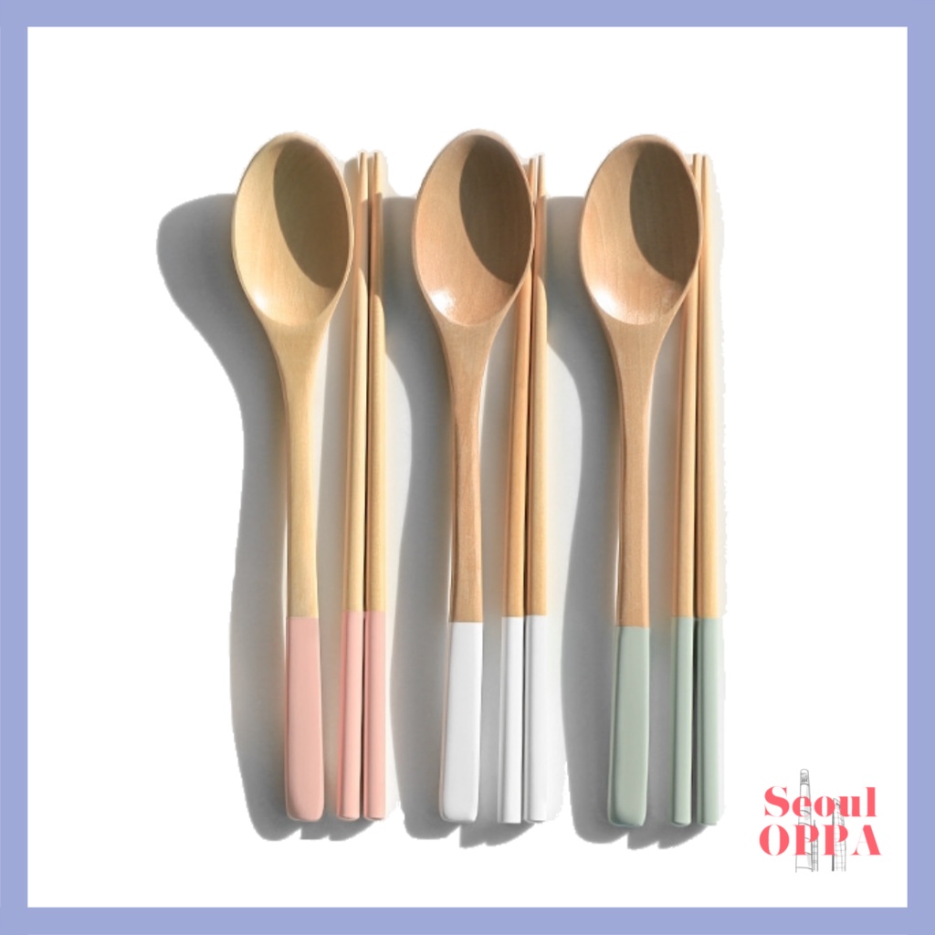 [1+1] Korean Pastel Color Wooden Spoon and Chopstick Set 2 Pieces ...