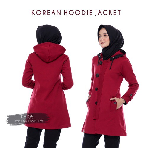 MERAH HITAM Korean Red Maroon Muslim Women Jacket Black Button KR08 ...