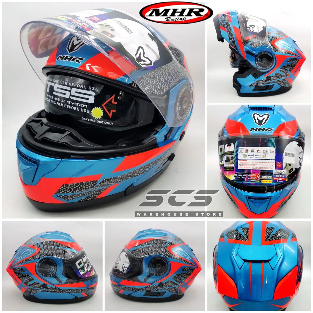 MHR Racing Full Face Helmet Flip Up Double Visor FU926 Red Y15ZR Blue ...