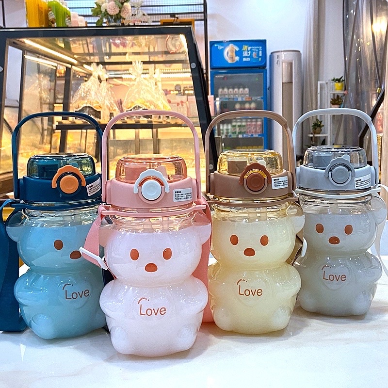 🔥New🔥1000ML Cute Bear Double Straw Water Bottle Large Drinking Bottle Straw & Strap Kawaii ...