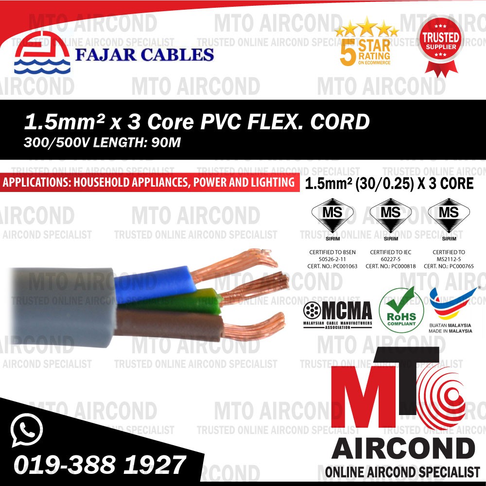 [ MTO ] FAJAR CABLES 1.5mm² (30/0.25) x 3 Core PVC FLEXIBLE CORD CABLES ...