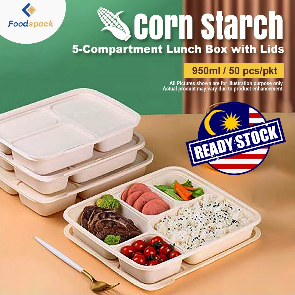(50pcs/pkt) READY STOCK 🌽Corn Starch Lunch Box 5 Compartment with Lids ...