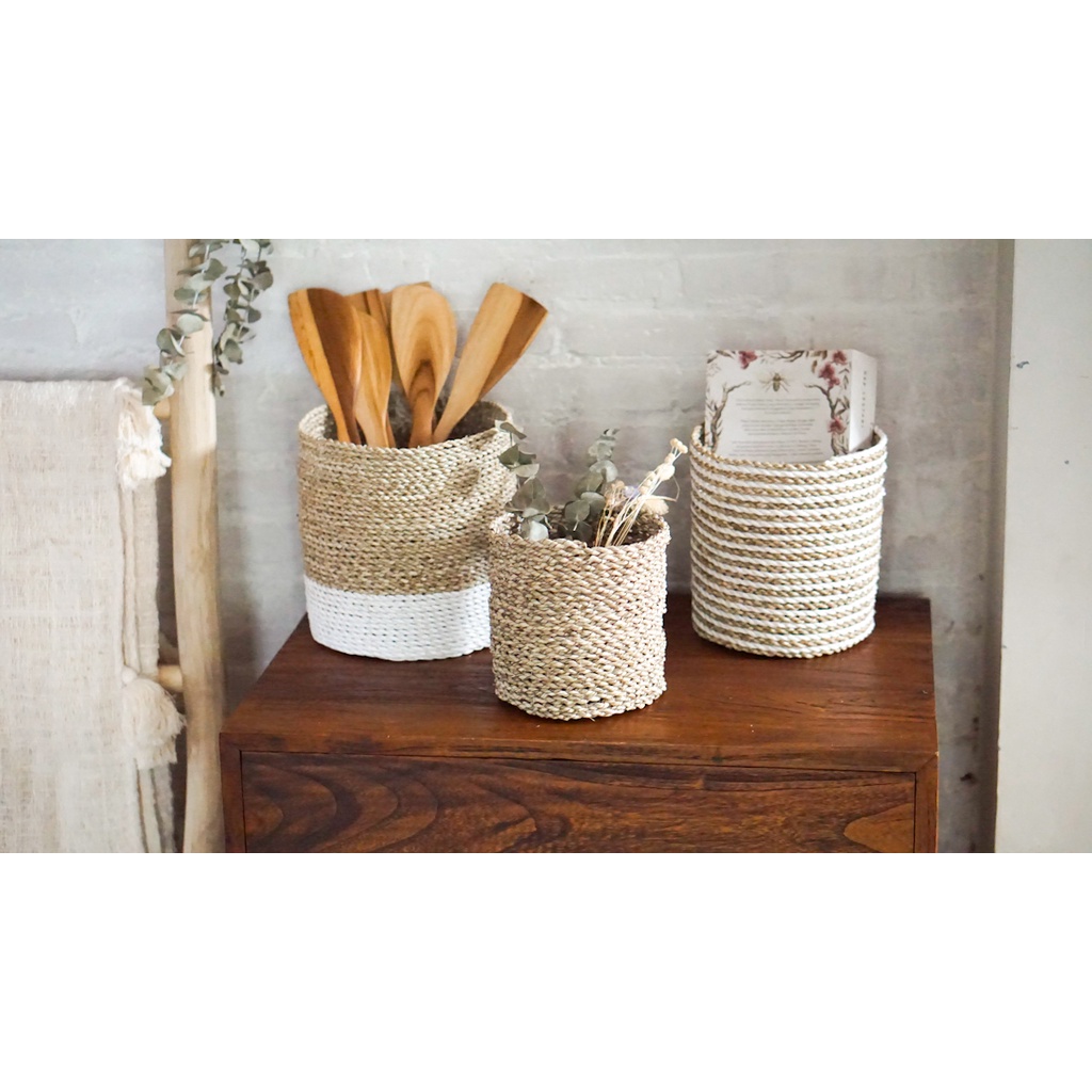 Homey Small Craft Basket - Round Mini Basket Seagrass - Nat White Combi ...