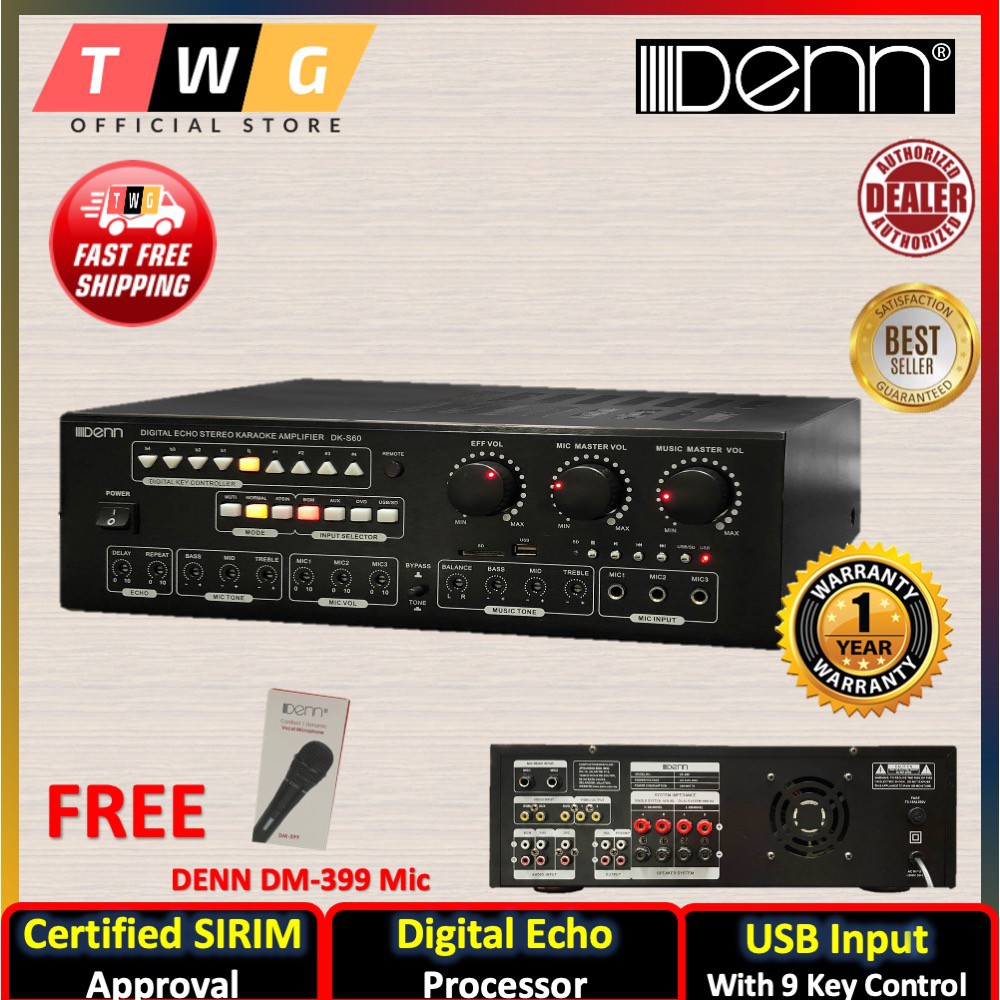 [With Gift] DENN DK-S60 Digital Echo Stereo USB/SD Karaoke Amplifier With Sirim Approval (60W x2 ...