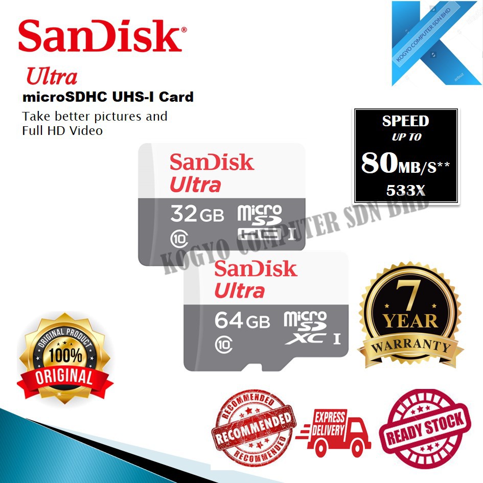 Sandisk 32GB / 64GB Ultra microSDHC Class 10 UHS-I Memory Card SDSQUNS-032G-GN3MN / SDSQUNS-064G ...