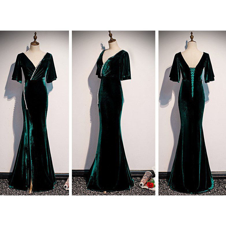 【Malay Spot】XS~2XL Emerald Green Half Sleeve Wool Bodycon Red Carpet ...