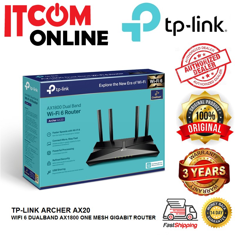 TP-LINK WIFI 6 DUALBAND AX1800 ONE MESH GIGABIT ROUTER (ARCHER AX20 ...
