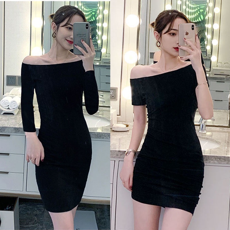 Sexy Women Off Shoulder Bodycon Dress Long/short Sleeve Slim Bottoming Dress | Shopee Malaysia