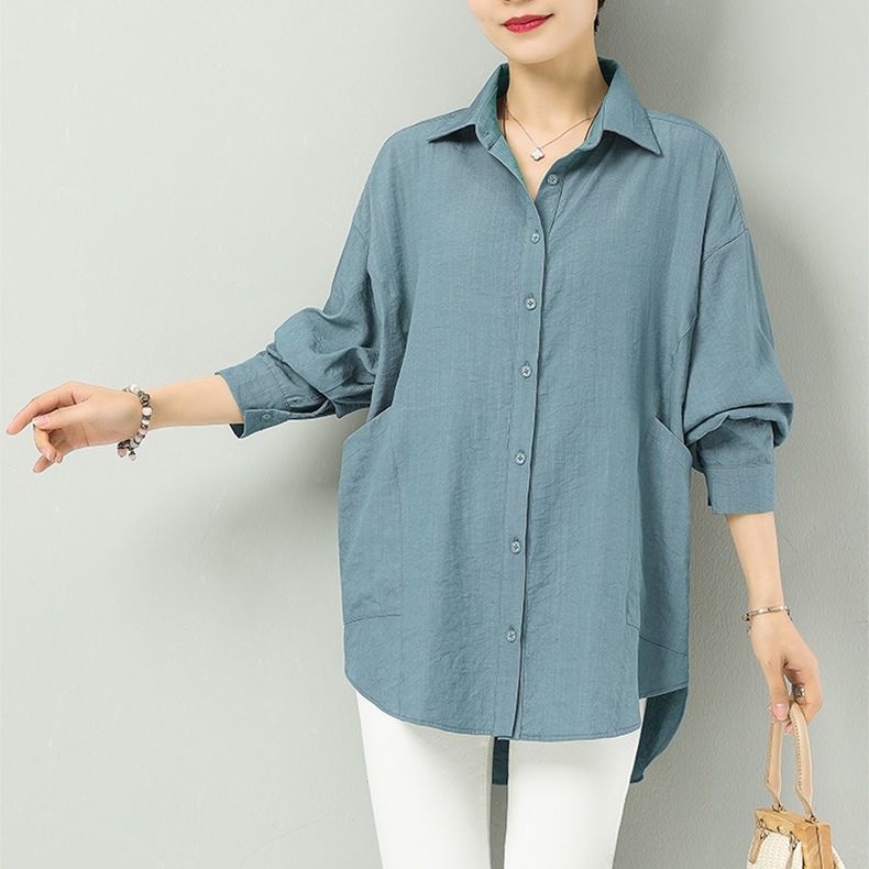 Cotton Plus Size Blouse Women's Mid-length Long-sleeved Shirt Loose ...