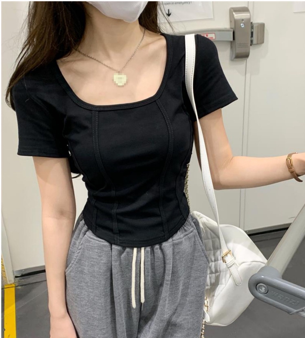 Women's Korean Style Slim Fashion Short Square Neck T-Shirt Crop Top ...