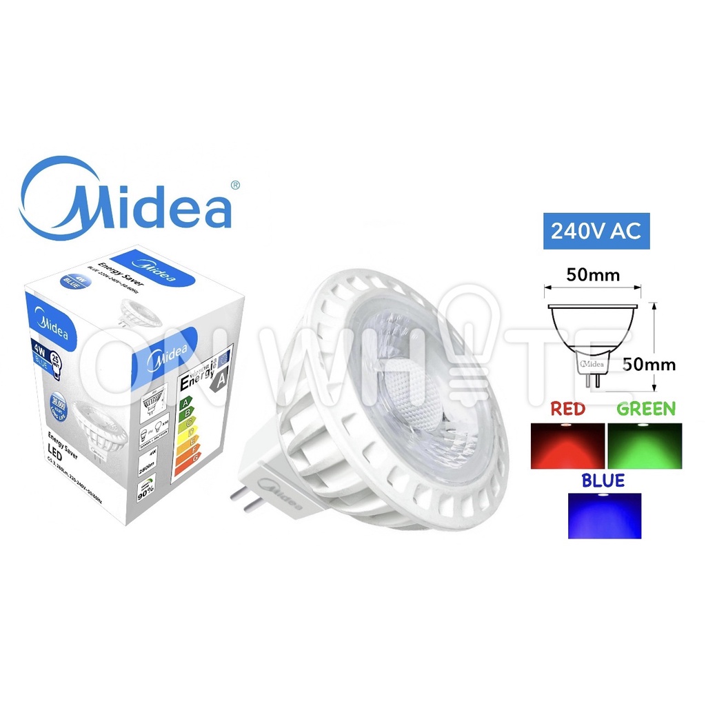 MIDEA LED Halogen Bulb MR16 240V 4W GU5.3 COLOUR RED/GREEN/BLUE OSRAM ...