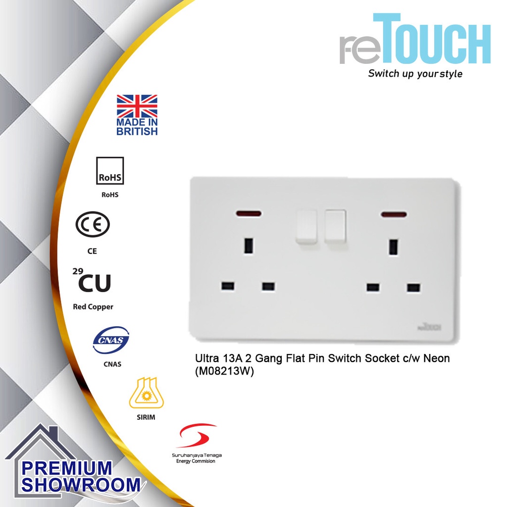 ReTouch Ultra 13A 2 Gang Flat Pin Switch Socket c/w Neon (M08213W ...