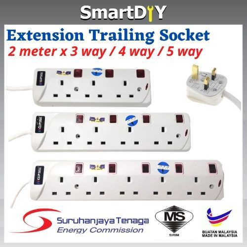 [sirim] 2 Meter Extension Multiple Plug Adaptor Trailing Socket With Neon 3 4 5 Ways