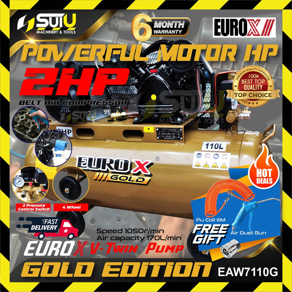 EUROX GOLD EDITION EAW7110G / EAW7110 / EAX7110 / EAX-7110 2HP 110L Belt Air Compressor 8BAR ...