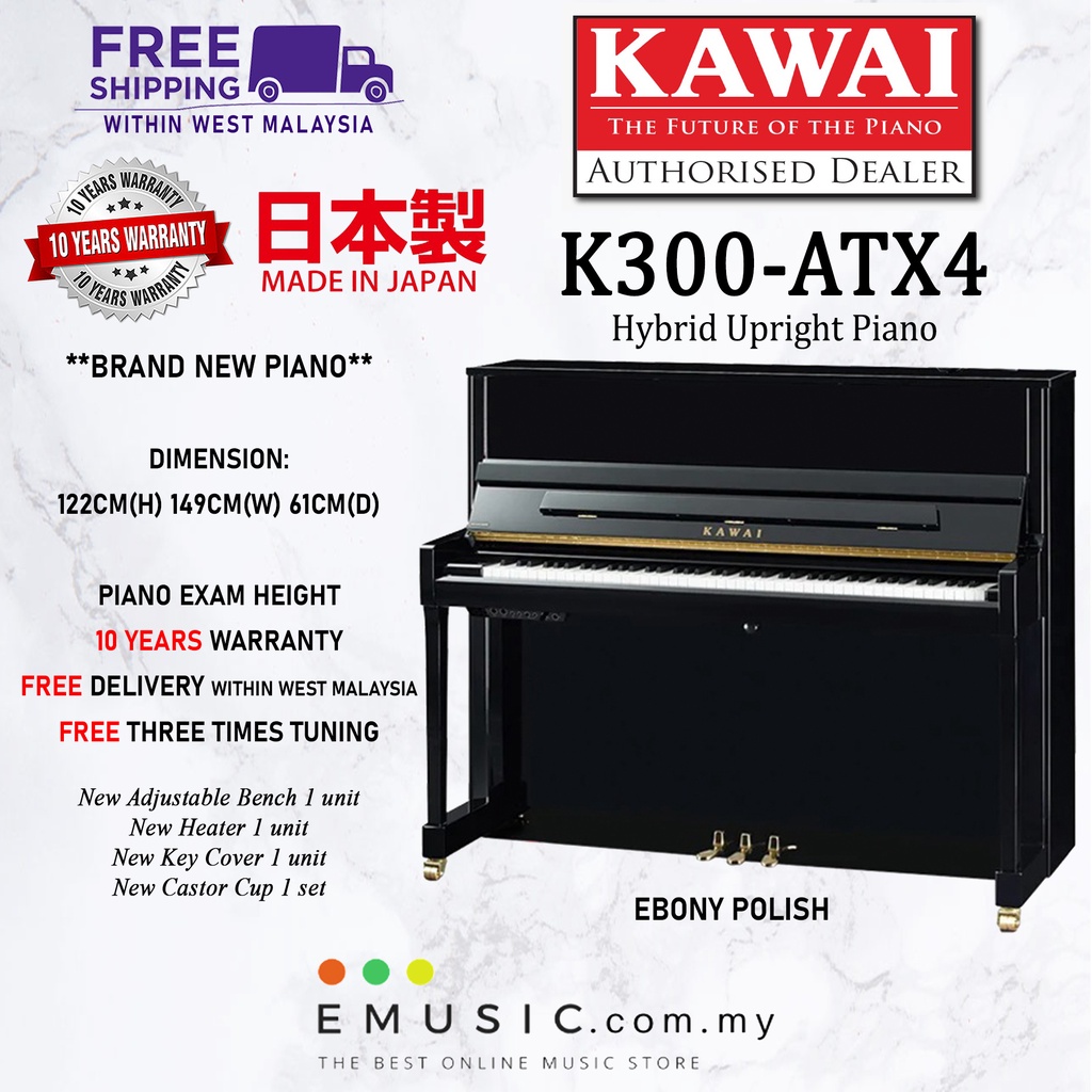 Kawai K300-ATX4 (Made in Japan) New Acoustic Hybrid Silent Upright Piano Ebony K300 ATX4 ...