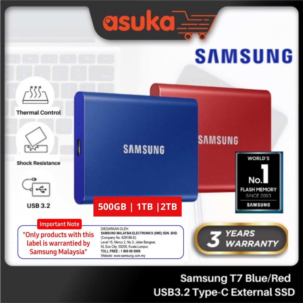Samsung T7 Blue/Red 500GB/1TB/2TB USB3.2 Type-C External SSD | Shopee ...