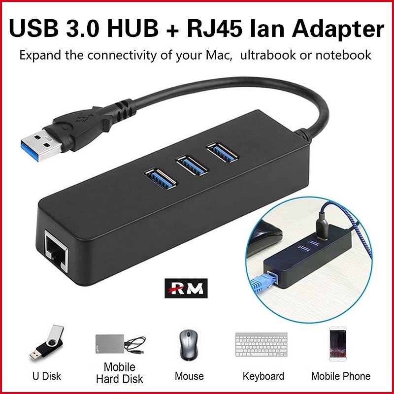 RM）USB 3.0 Hub USB to RJ45 3 Ports USB 3.0 USB 2.0 Type C to RJ45 LAN Ethernet Network Adapter ...