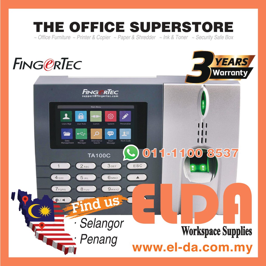 **Imbasan Jari** FingerTec TA100C (Fingerscan Time Attendance) (Punch Card Machine) **ELDA ...