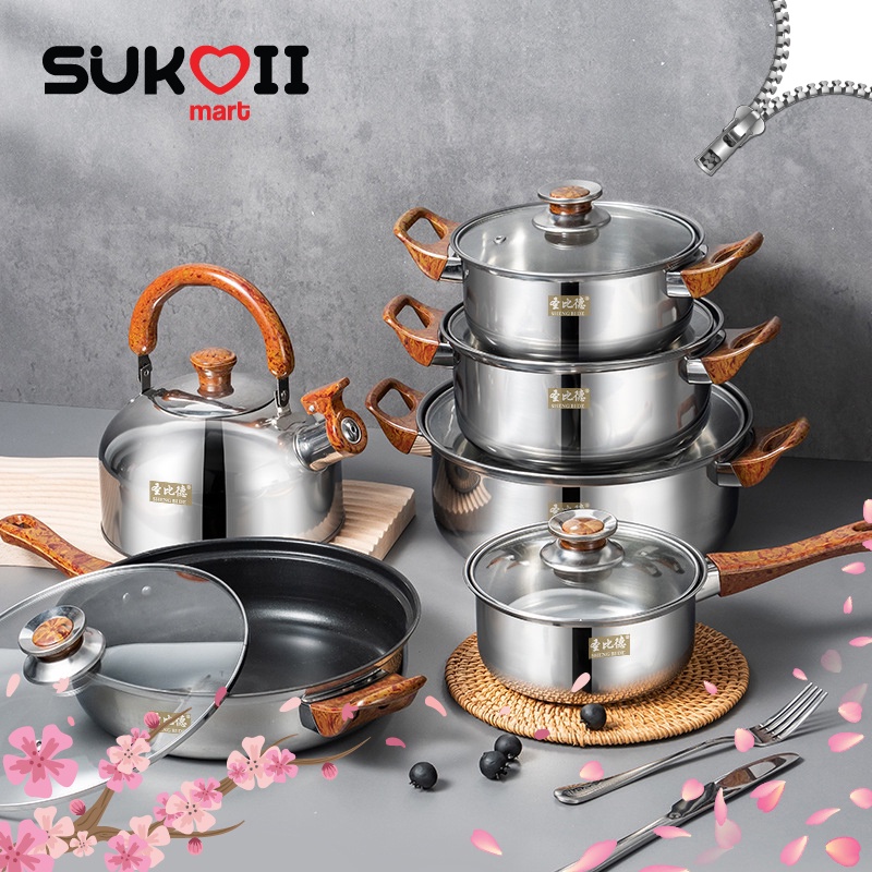 SKOI Stainless Steel Pots 12pcs Set Wood Grain Handle Removable Kitchen ...
