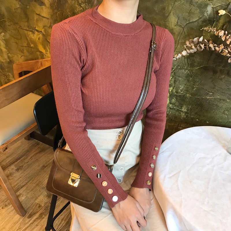 (READY STOCK MSIA) Brick Red Joker Tight Slim Round Neck Turtleneck ...