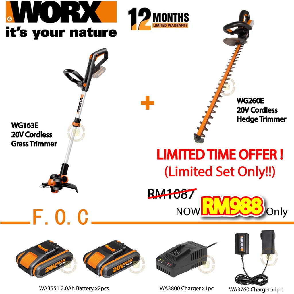 [ LIMITED TIME OFFER ] WORX WG163E 20V Cordless Grass Trimmer + WG260E 20V Cordless Hedge ...