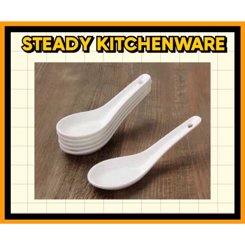 (6pcs)125mm White Ceramic Classic Soup Spoon Rice Spoon Dessert Spoon ...