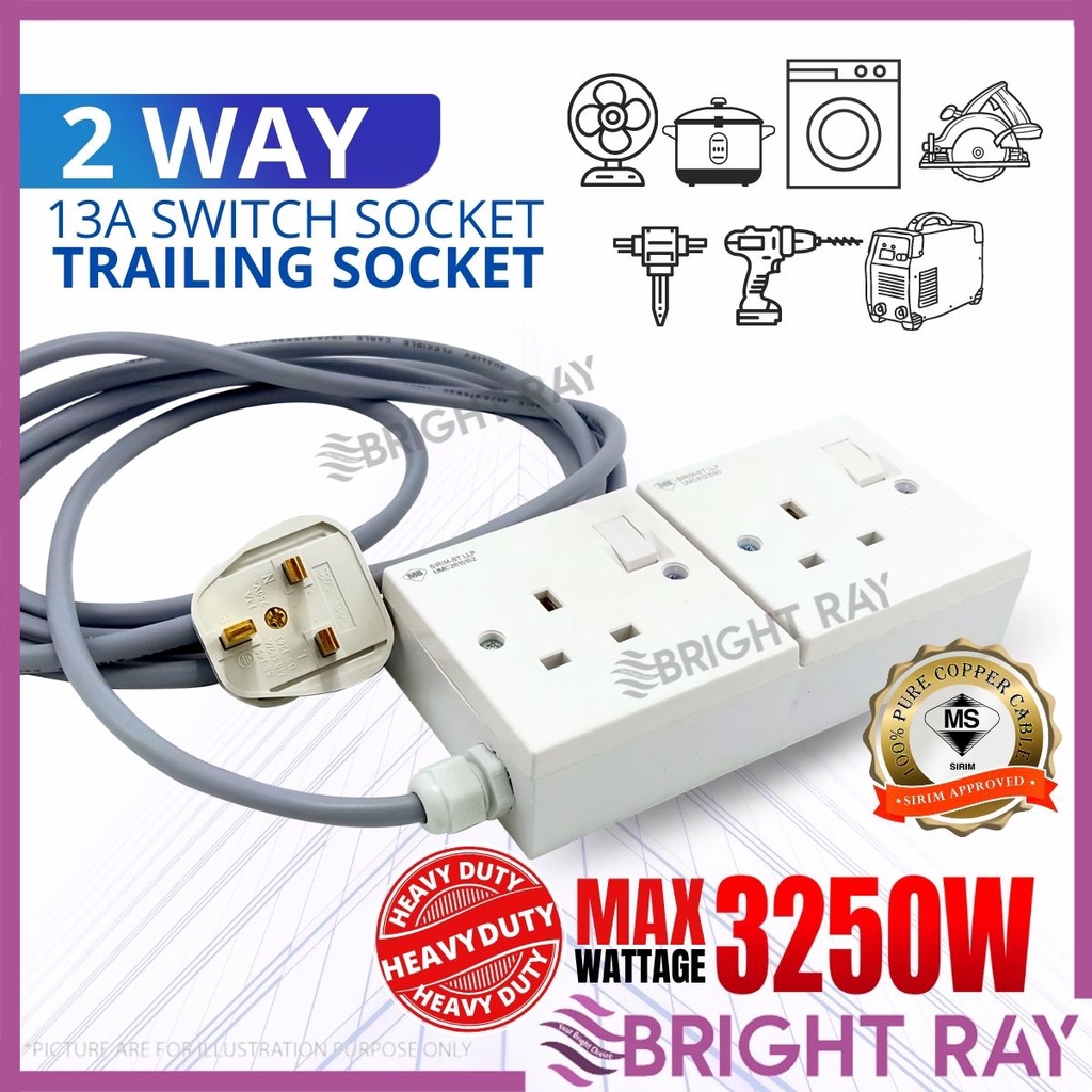[2 WAY] Extension Plug Box Wire Copper Heavy Duty Extension Power ...