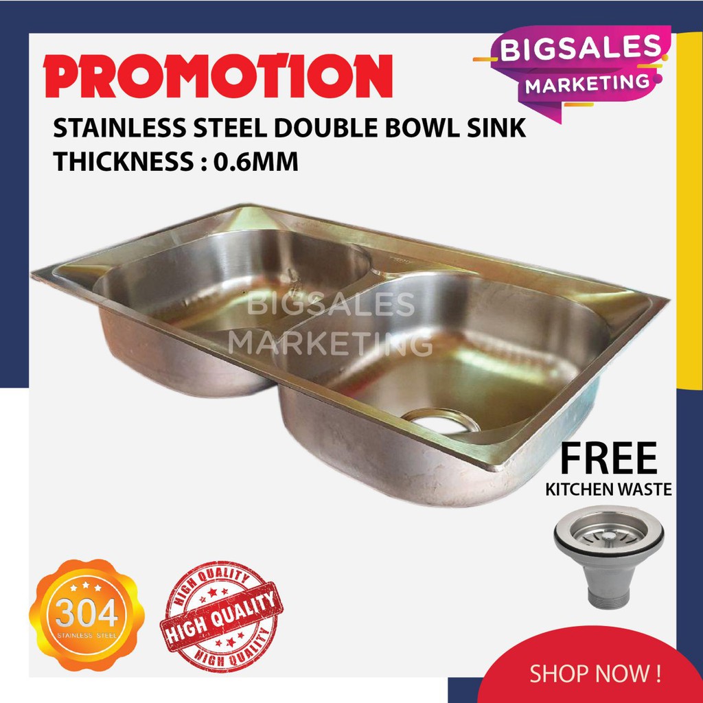 BIGSALES 304 S/S Sinki Dapur Dua Lubang / Dapur Dua Mangkuk / Double ...