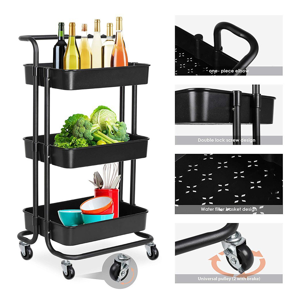 3 Tier Multifunction Storage Trolley Rack Office Shelves Home Kitchen ...