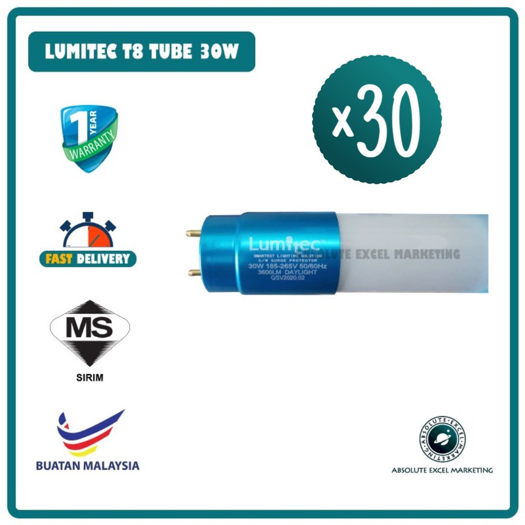 30PCS X LUMITEC 32W(Extrabright)T8 LED Tube-Daylight(6500K)-3600LM-4 Feet/1200mm-SIRIM | Shopee ...