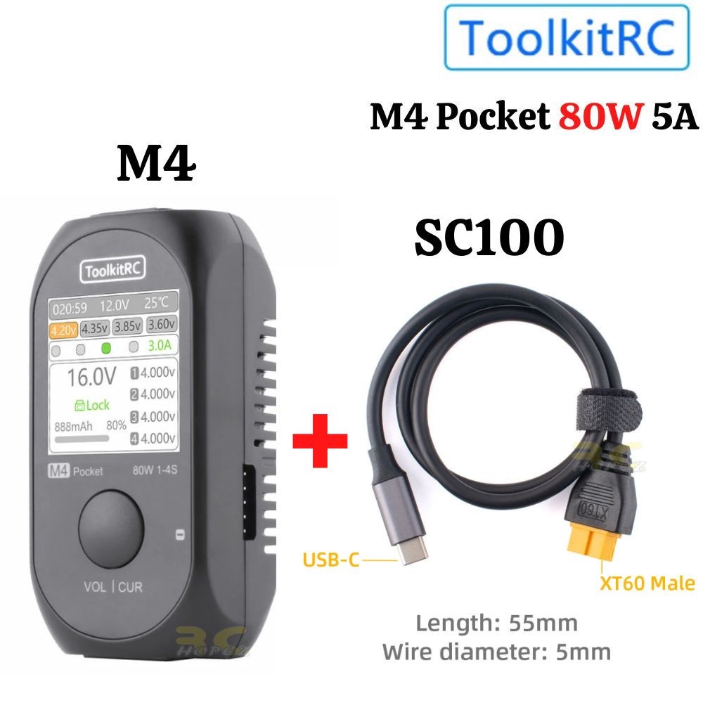 ToolkitRC M4 Pocket 80W 5A 1-4S Compact Balance Charger w/Built-In USB ...