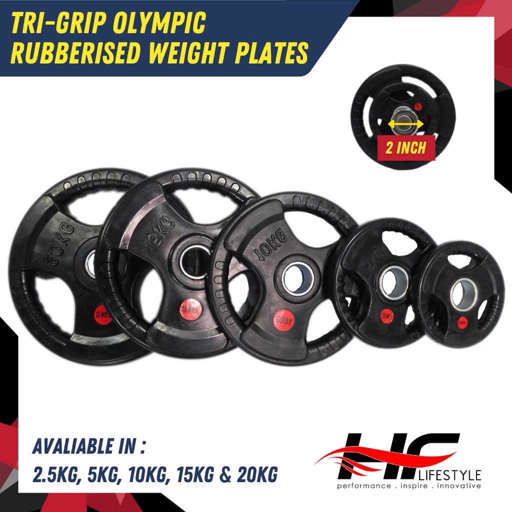 Tri-grip Olympic Rubberised Weight Plates (10KG-20KG) - One Piece ...