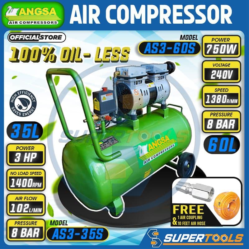 ANGSA 35 Litre Oiless Silent Air Compressor AS3-35S 3HP 35L / 60 Litre ...