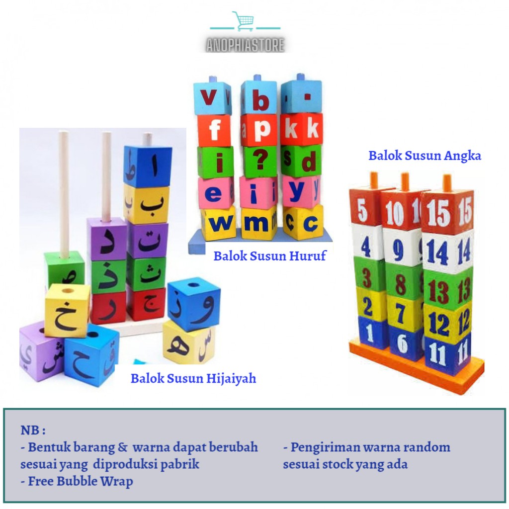 KAYU Wooden Toys Beam Stack Numbers Hijaiyah Letters Tower Stack ...