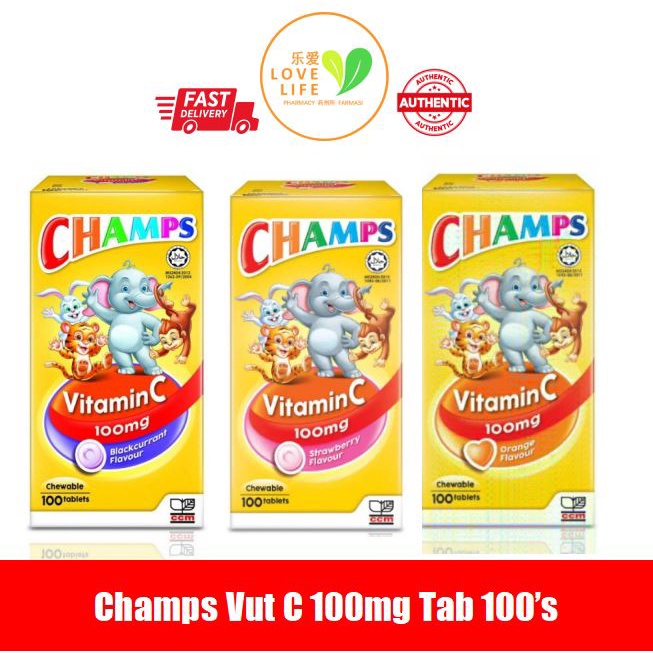 Champs Vitamin C Chewable 100mg Tablets 100's (Orange/ Blackcurrant ...