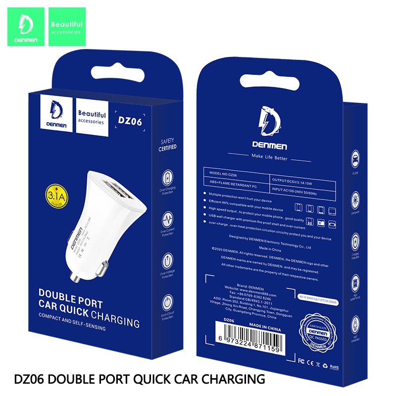 Denmen DZ06 3.1A Dual Charging Port Car Charger Auto ID Short Circuit Protection | Shopee Malaysia