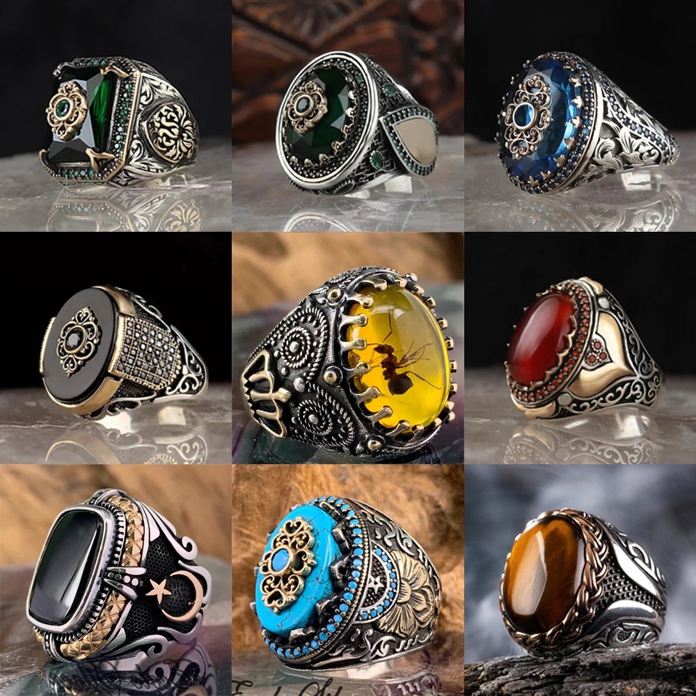 Handmade Turkish Ring For Men Vintage Double Swords Black Zircon Rings ...
