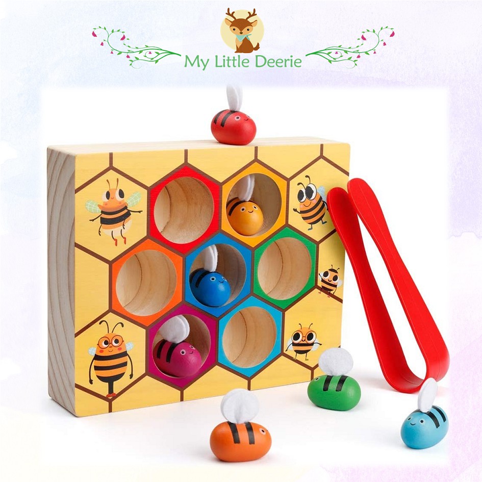 Wooden Beehive Toy Color Matching Colour Sorting Little Bee Clip Toy ...