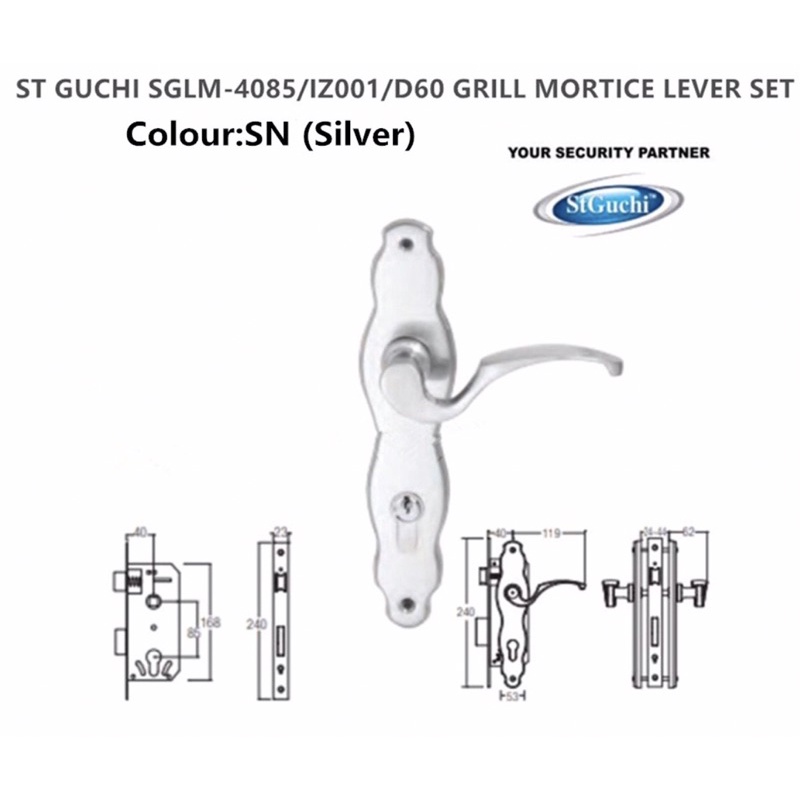 St Guchi Grill Door Lever Mortise Lockset SGLM-4085/IZ001/D60SN (Kunci ...