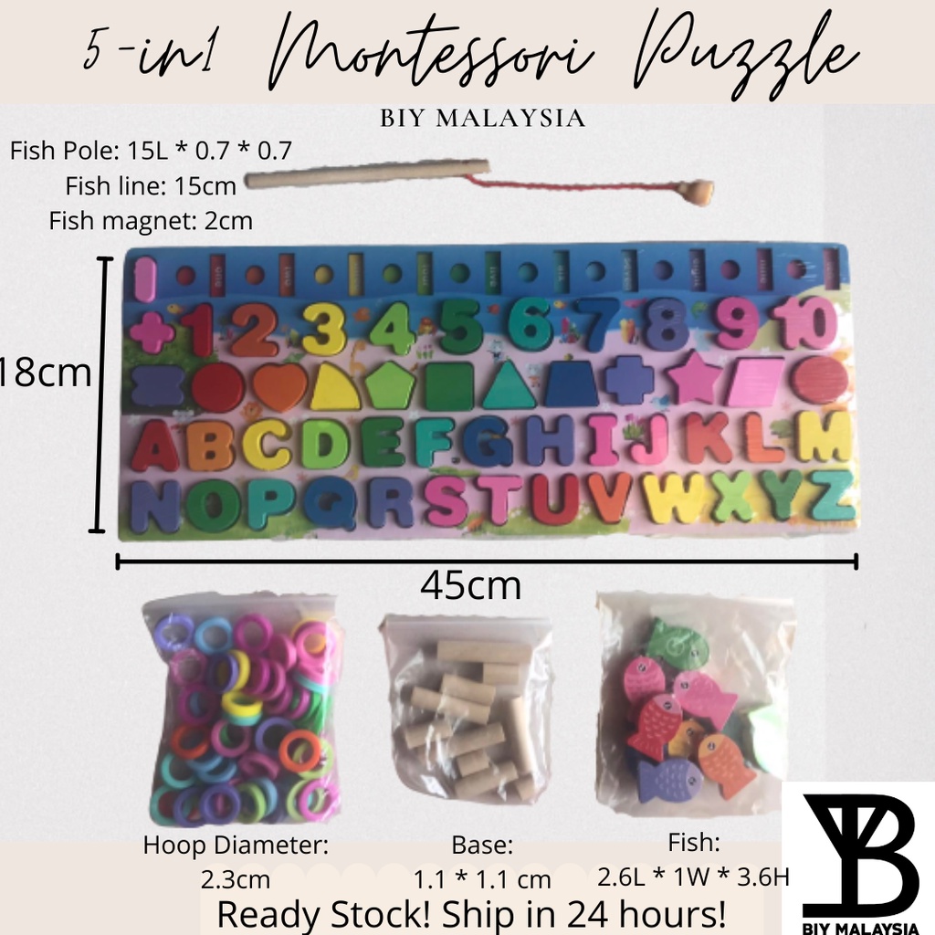 5 in 1 Wooden Number Montessori Math Puzzle Toys Shape Sorter Stacking ...