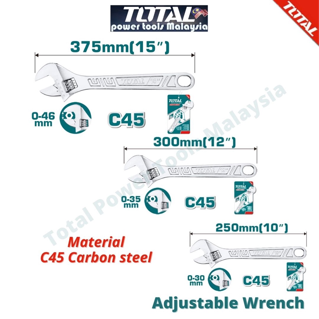 TOTAL Adjustable Wrench C45 Carbon steel Series 活动扳手系列 10''- THT1010103 ...