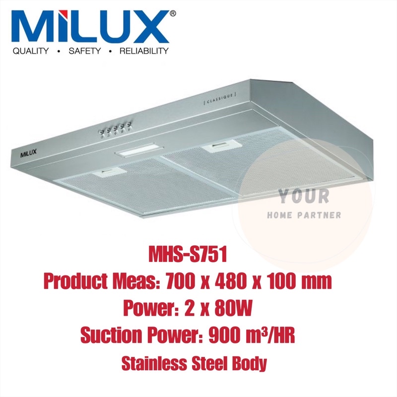 Milux Stainless Steel Slim Hood 70cm MHS-S751 900m3/HR Suction Power ...