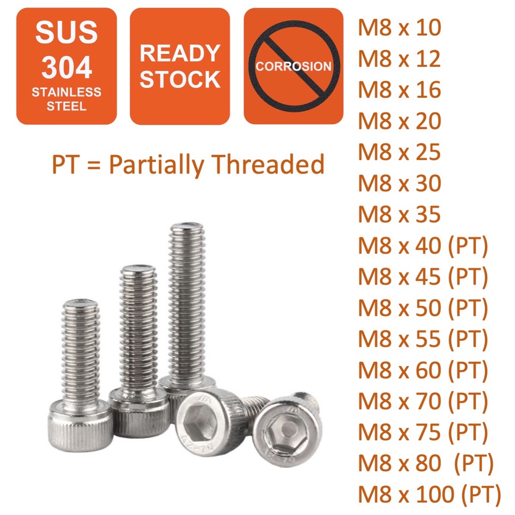 (1 pc) M8 and M10 Socket Cap Head Screw DIN 912 Stainless Steel AISI ...