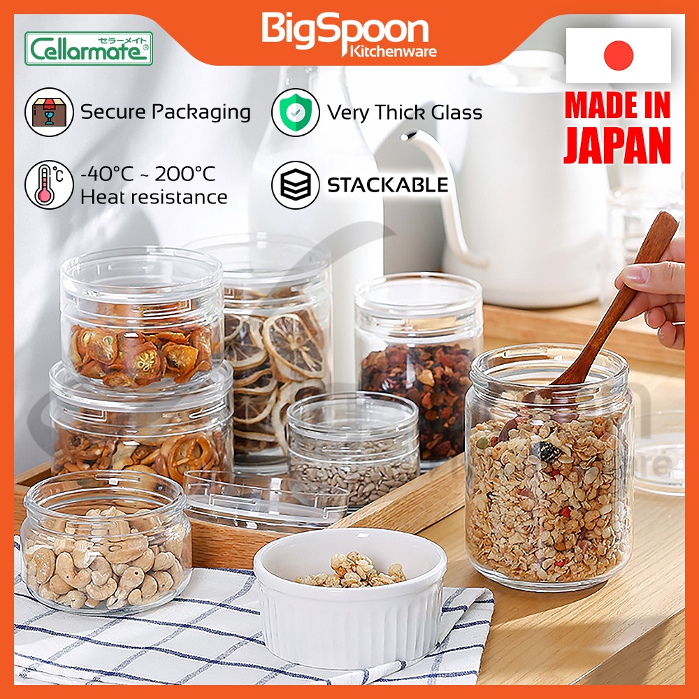 [JAPAN] CELLARMATE Stackable Food Organizer Storage Container Thick Clear Glass Jar with Lid ...