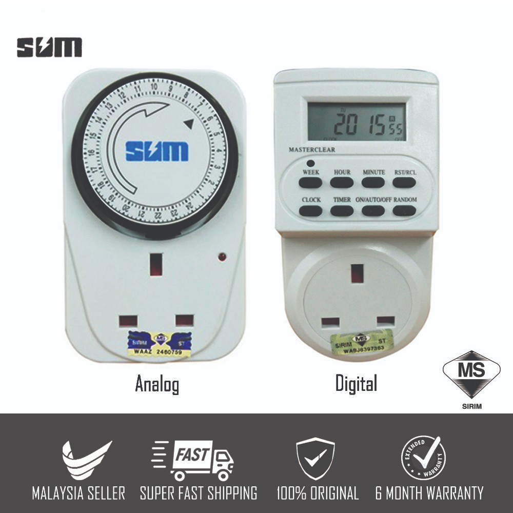 SUM 24 Hours 3 Pin Plug In Digital & Analog Timer - Genuine/Sirim ...