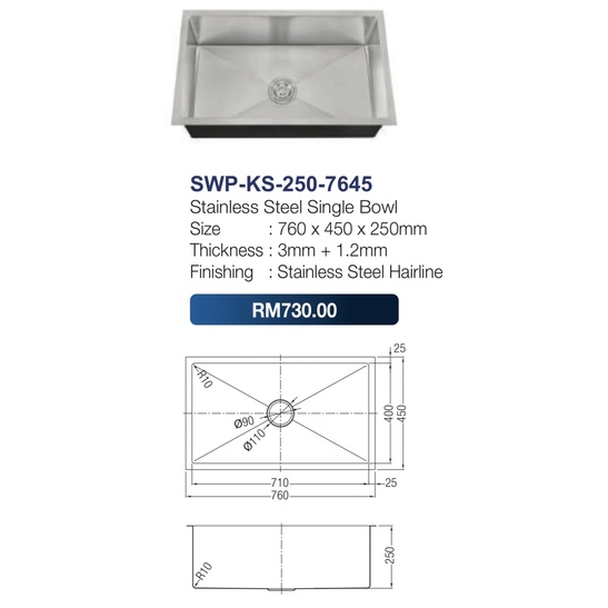 SANIWARE STAINLESS STEEL SINGLE BOWL SWP-KS-250-7645 | Shopee Malaysia