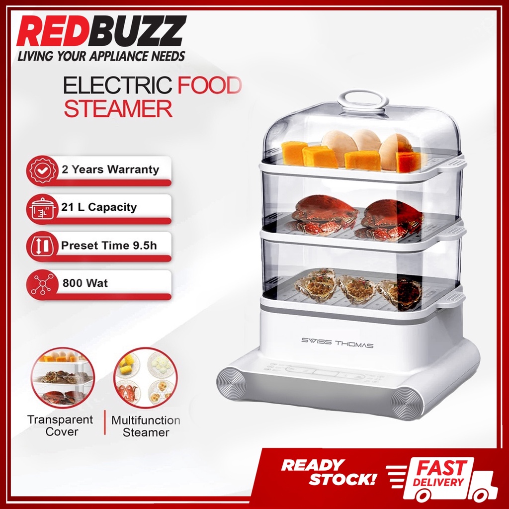 REDBUZZ Electric Food Steamer 3 Tier Large Capacity 21L Transparent ...