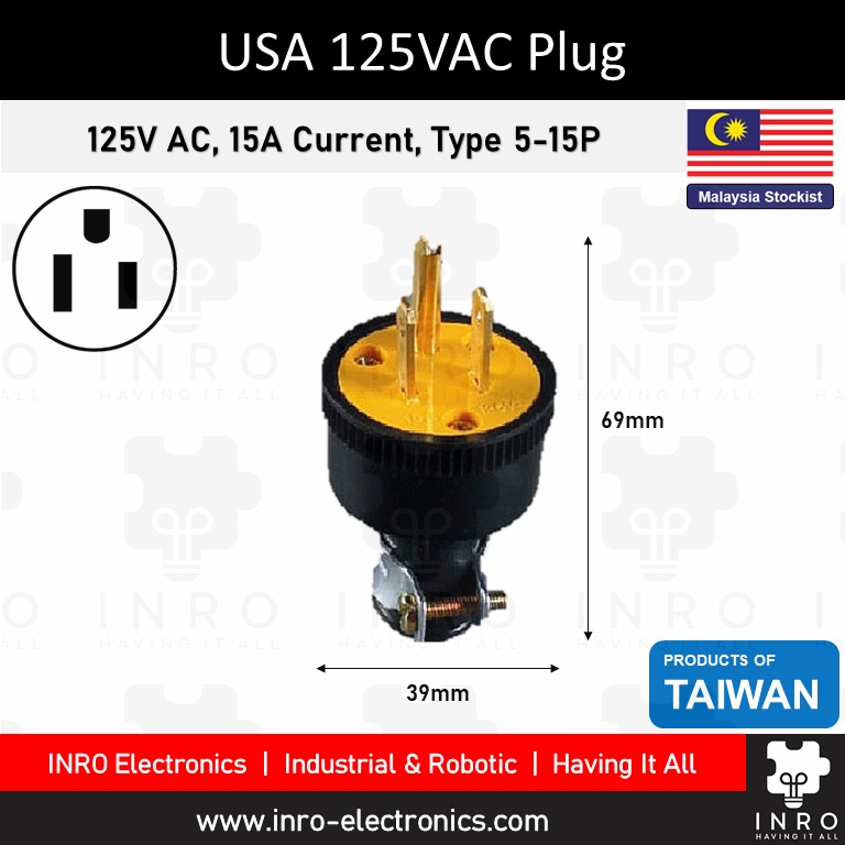 USA 3 Pin Plug, 5-15P, 125V AC 15A, NEMA 5-15, 110V, Cable Mount (Yellow) | Shopee Malaysia