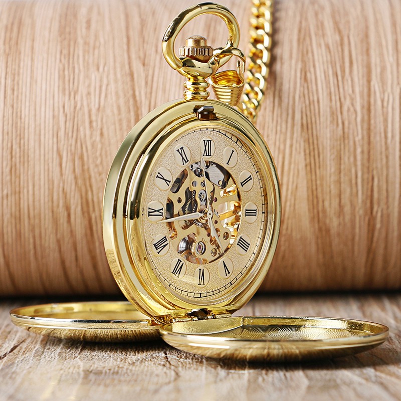 Double Hunter Gold Smooth Roman Numerals Mechanical Hand Wind Men ...