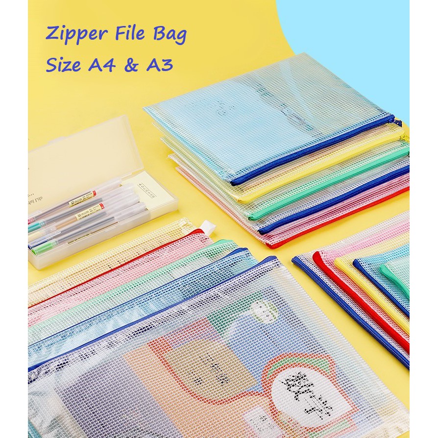 2pcs x A3/A4 Zipper File Bag Soft Mesh Multi Colour Zip Bag | Quality ...